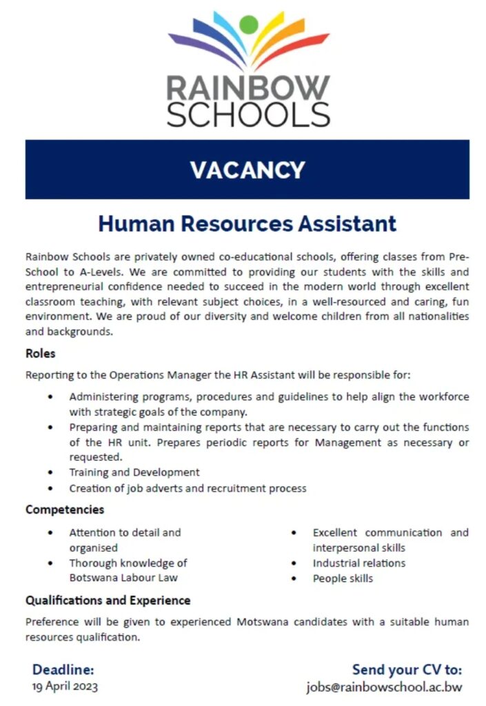 Human Resource Assistant - Rainbow Schools jobs in Botswana » Sky Jobs